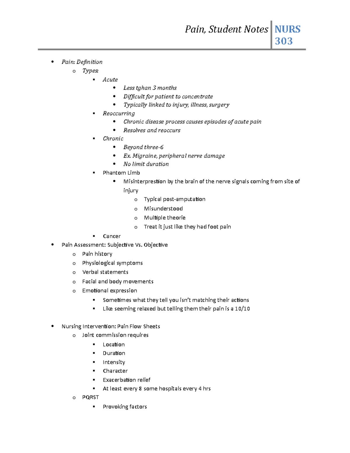 Pain, Student Notes - Summary Nursing Diagnoses in Psychiatric Nursing ...