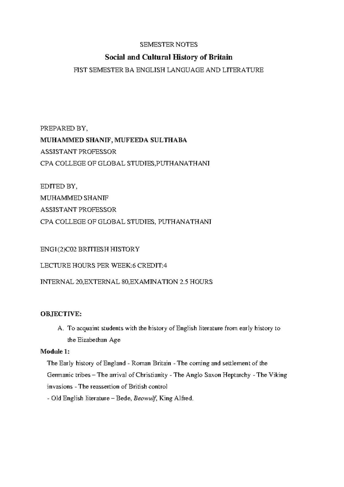 History - To acquaint students with the history of English literature ...