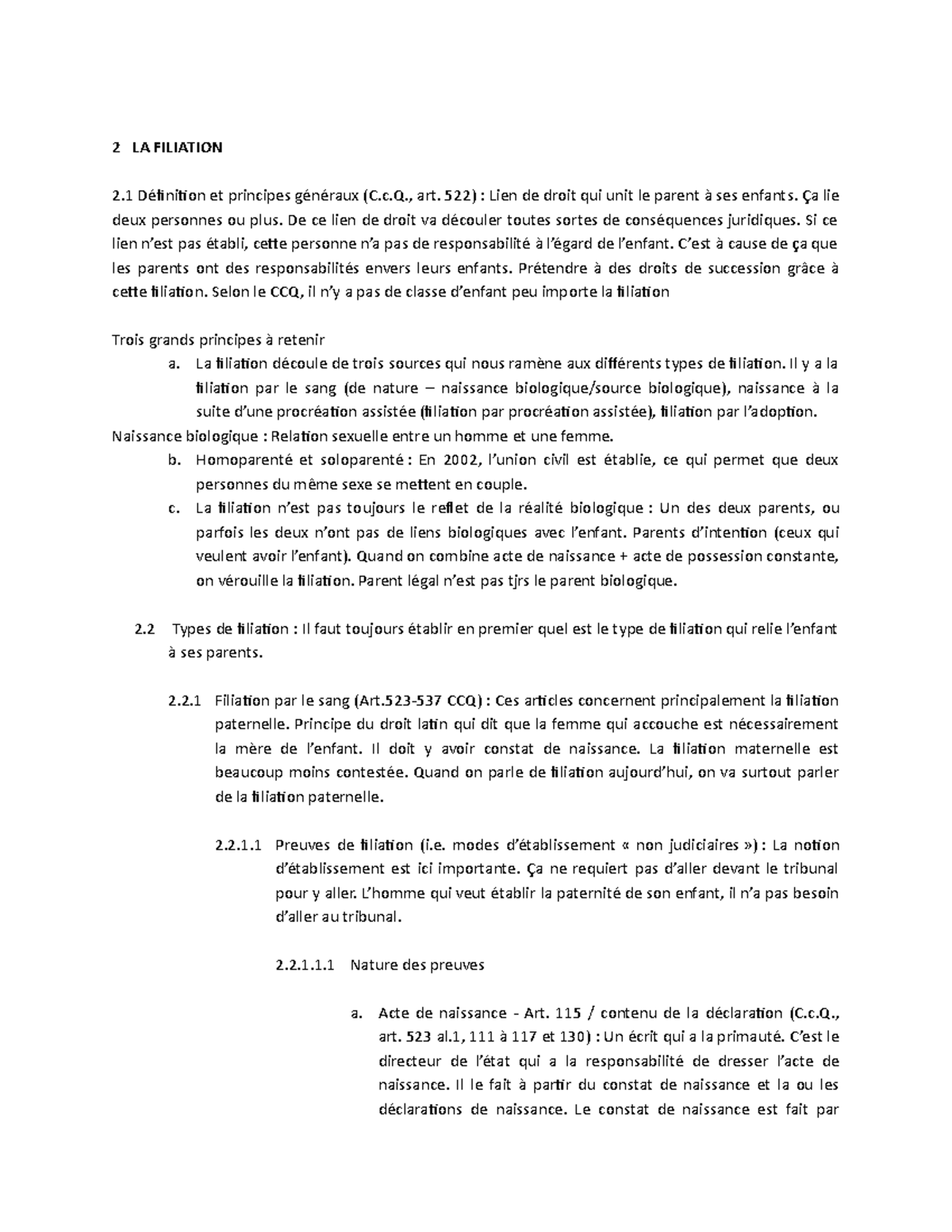 Cours 3 - 2 LA FILIATION 2 Définition et principes généraux (C.c., art ...