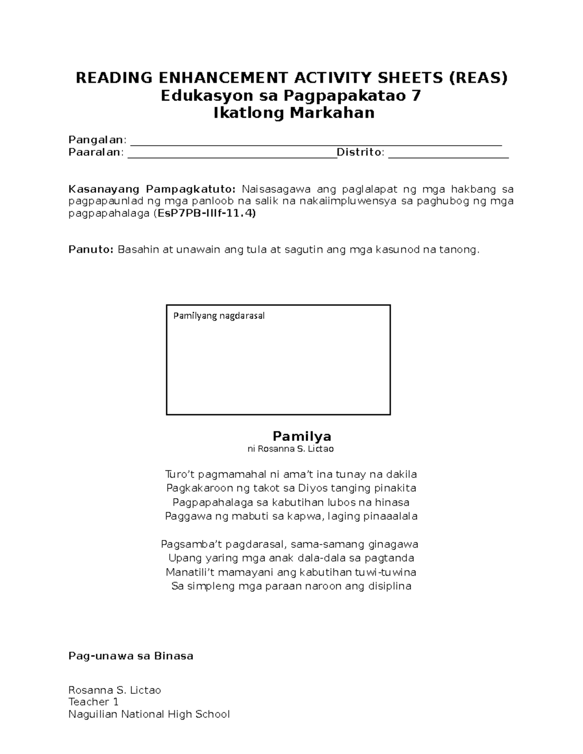 REAS Es P7 Q3 Es P7PB IIIf-11.4-need illustration - READING ENHANCEMENT ACTIVITY SHEETS (REAS ...