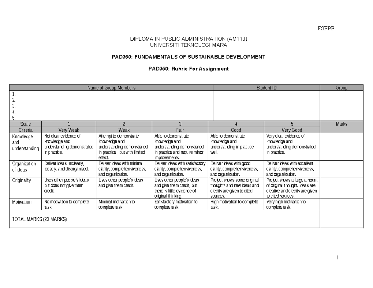PAD350 - Rubric - DIPLOMA IN PUBLIC ADMINISTRATION (AM110) UNIVERSITI ...