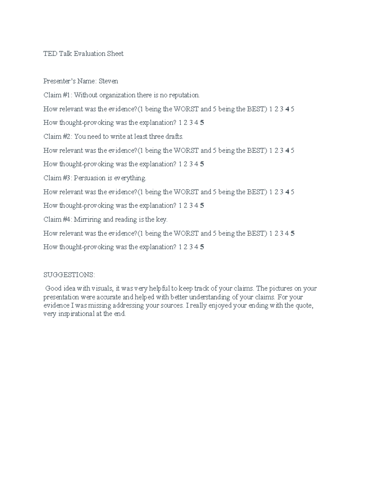 TED Talk Evaluation Sheet 3 - TED Talk Evaluation Sheet Presenter’s ...