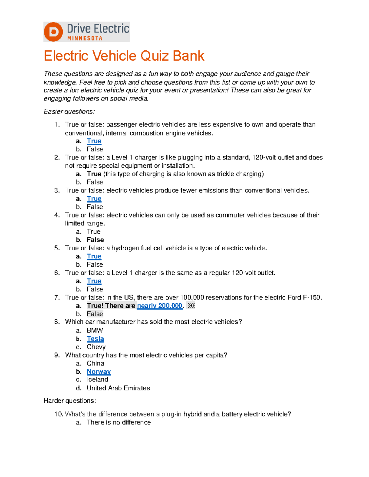 EV Quiz Bank 2 - Electric Vehicle Quiz Bank These questions are designed as a fun way to both ...