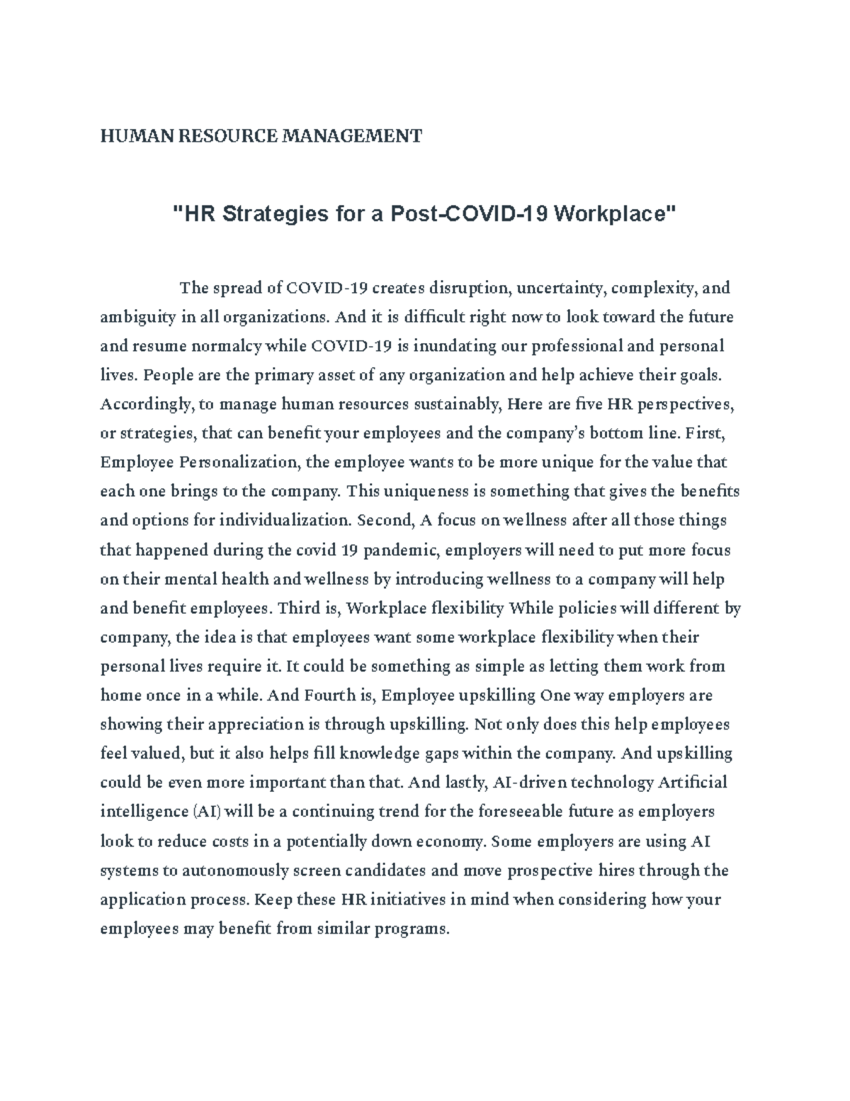 Reflective journal 2 - HUMAN RESOURCE MANAGEMENT "HR Strategies for a ...