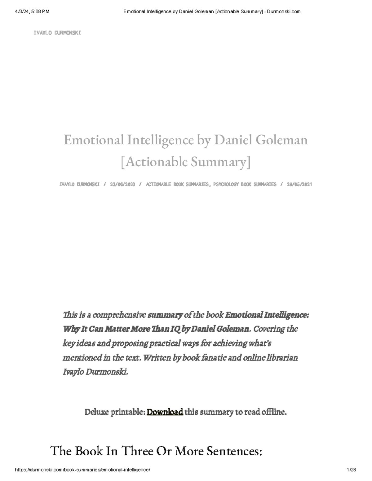 Emotional Intelligence by Daniel Goleman [Actionable Summary] - Durmonski - is is a ...