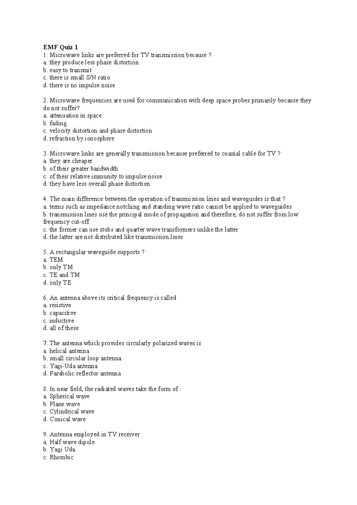 Emf mcq 1 - EC 3452 ELECTROMAGNETIC FIELDS - EMF Quiz 1 Microwave links ...