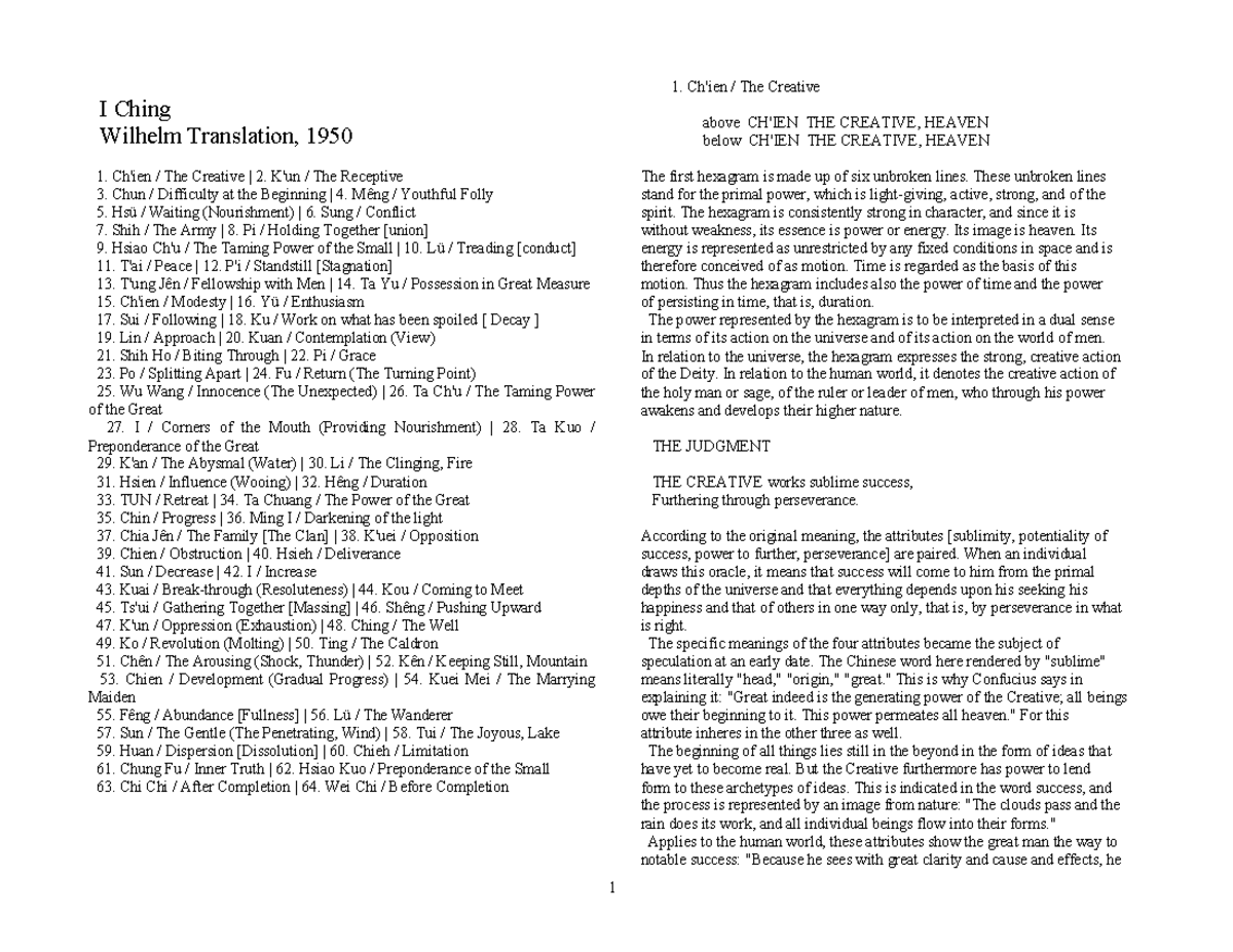 Richard Wilhelm - I Ching - I Ching Wilhelm Translation, 1950 Ch'ien ...