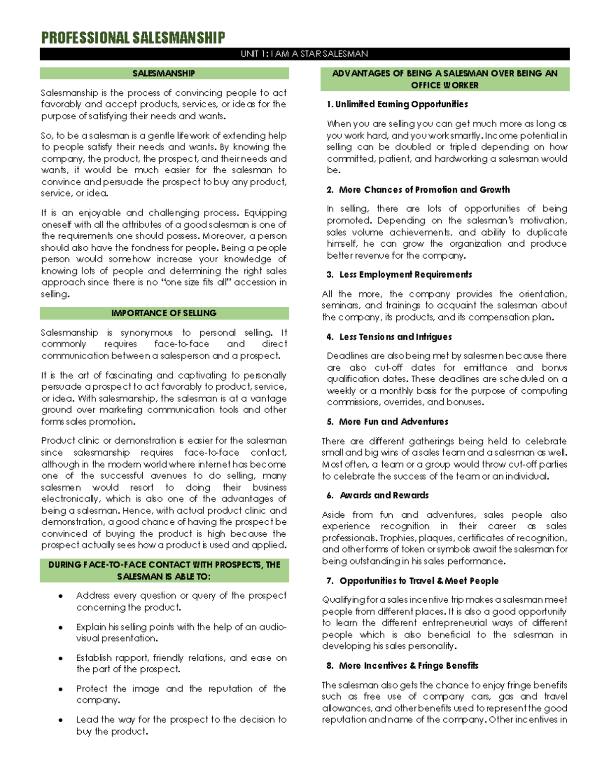 Profsales UNIT 1-2 - PROFESSIONAL SALESMANSHIP UNIT 1: I AM A STAR ...