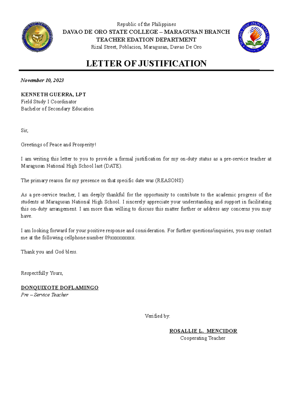 Justification-letter - Republic of the Philippines DAVAO DE ORO STATE ...