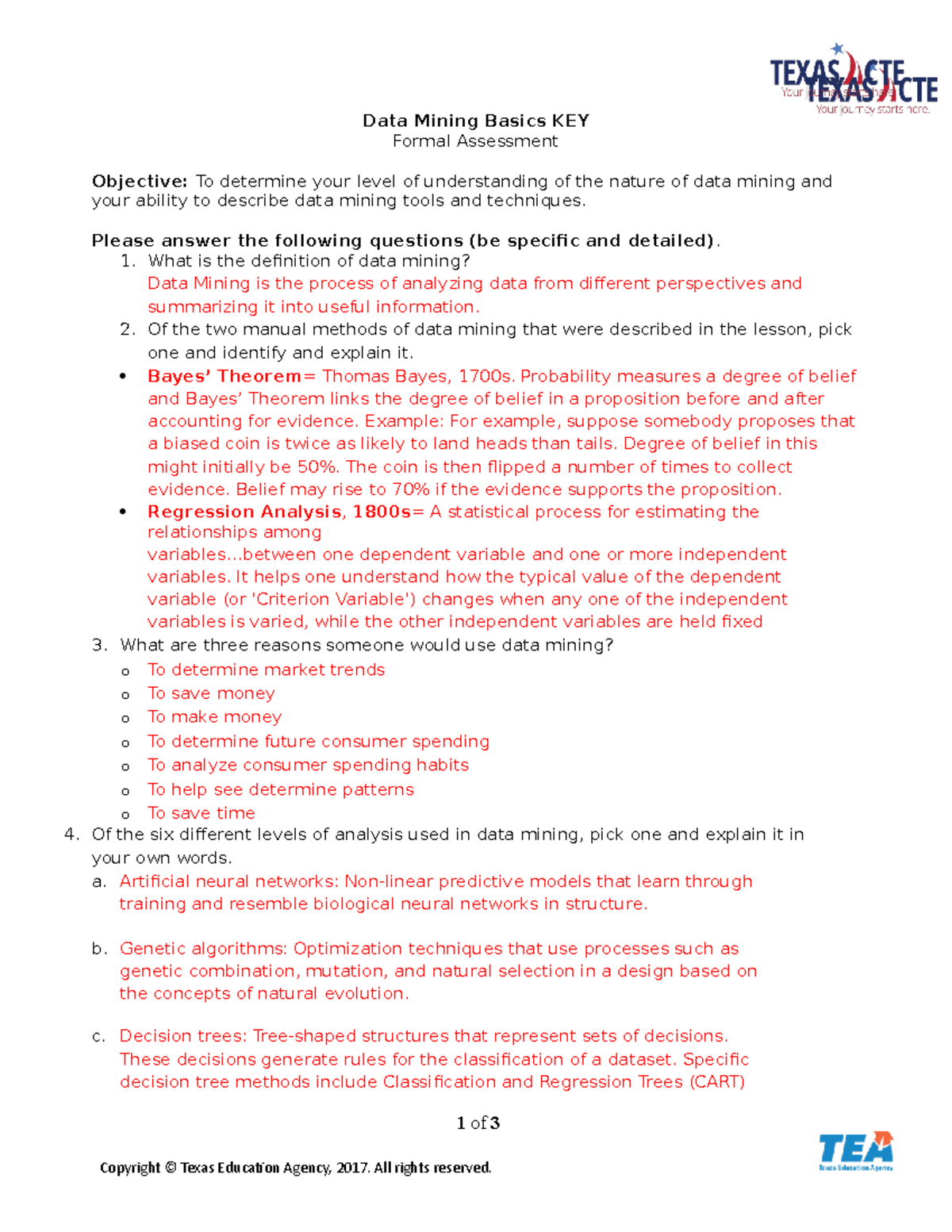 Data Mining Basics Worksheet KEY - Data Mining Basics KEY Formal ...