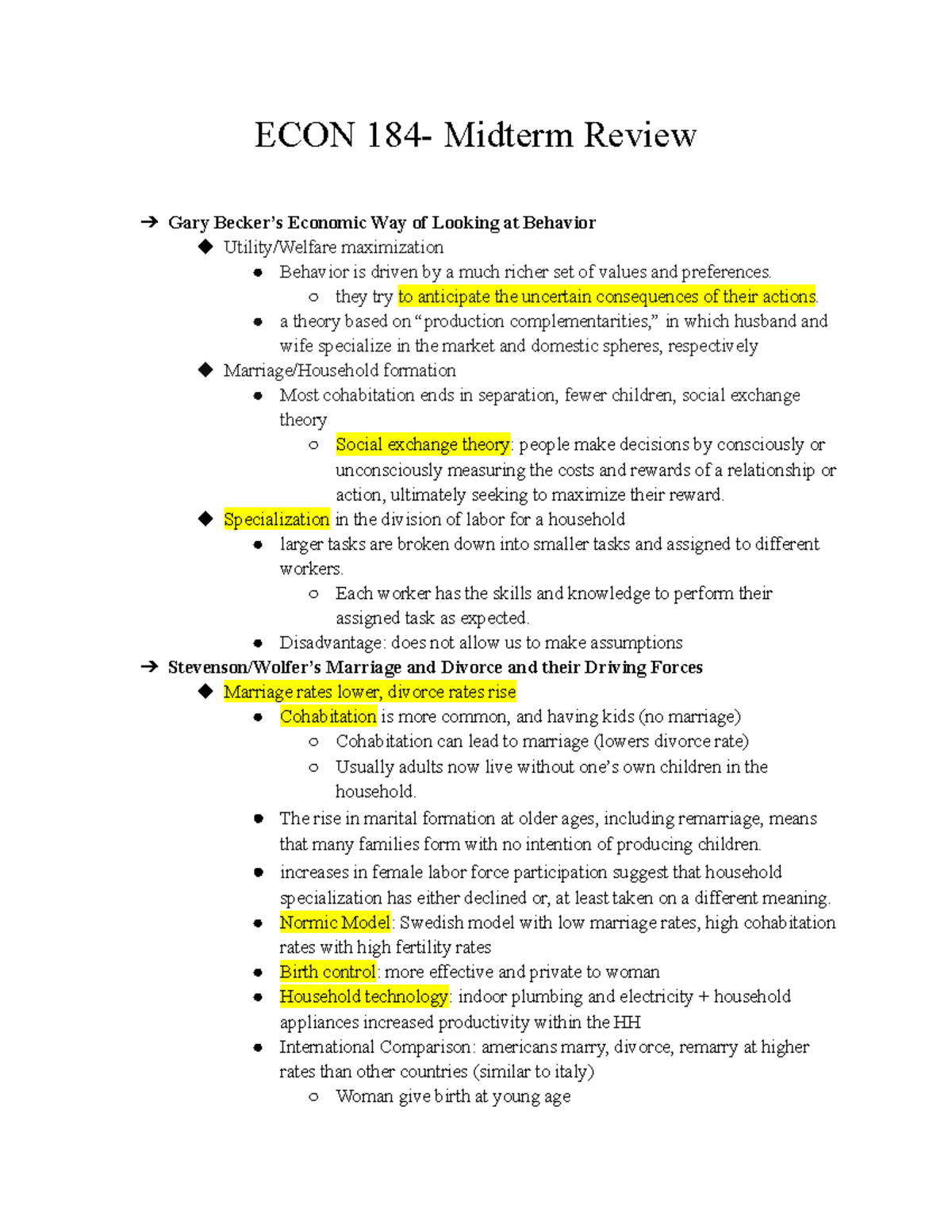 Econ 184 Midterm Review - ECON 184- Midterm Review Gary Becker’s ...