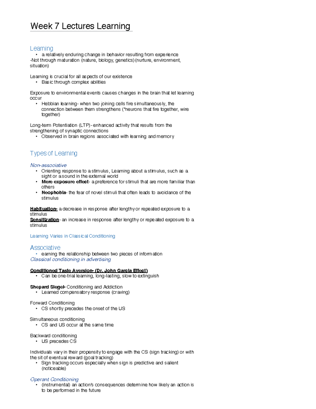 Psychology 7 - Week seven notes - Week 7 Lectures Learning Learning a ...