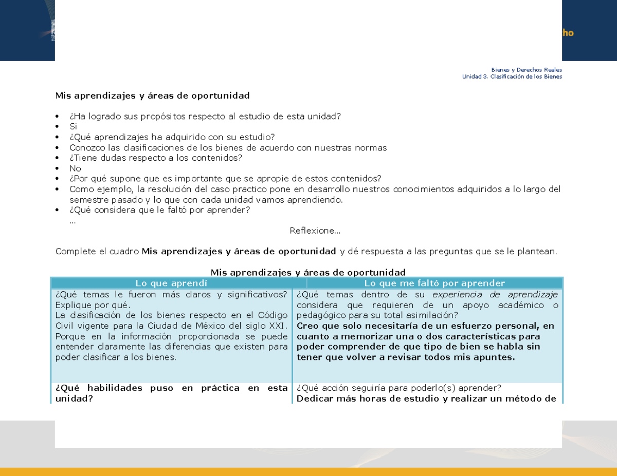 Mis aprendizajes y áreas de oportunidad UNIDAD 3 - Bienes y Derechos ...