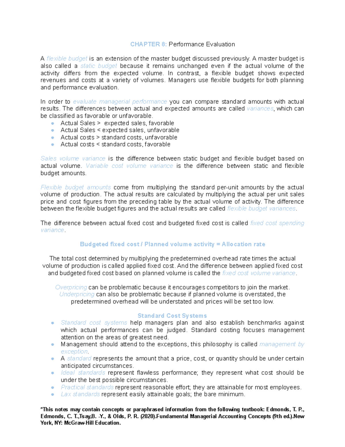 Principles Of Managerial Accounting Ch 8 Notes Chapter 8 Performance