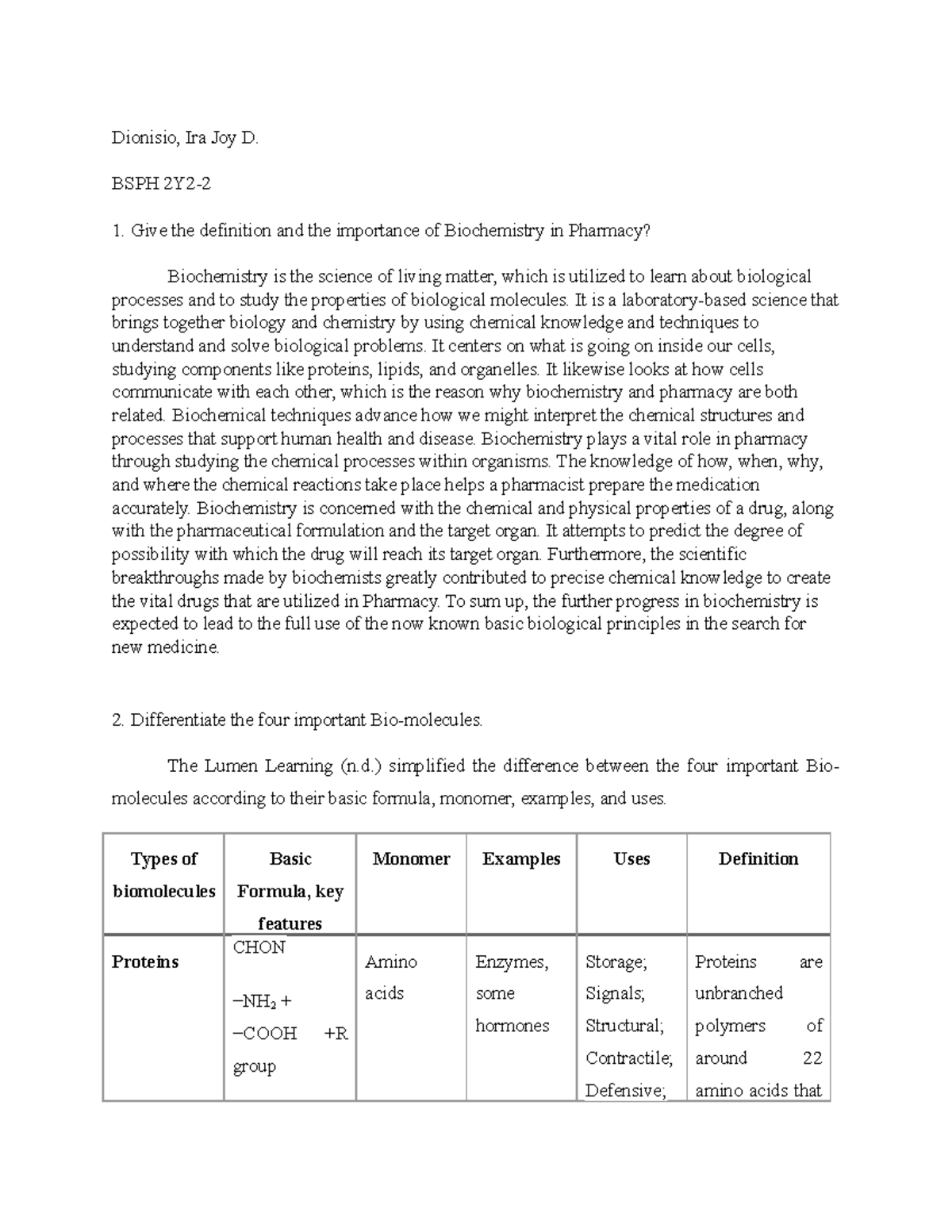 Assignment 2 Basic Concepts of Biochemistry - Dionisio, Ira Joy D. BSPH ...