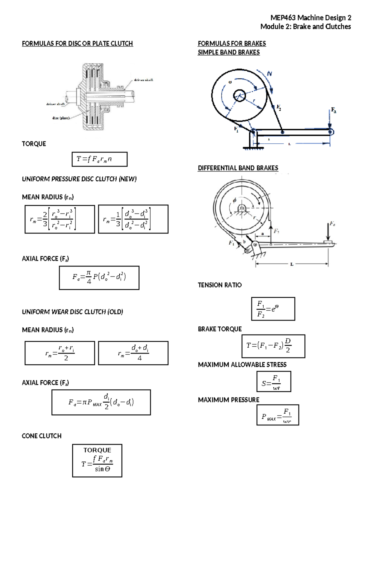 2.0 Brakes and Clutches - Module 2: Brake and Clutches FORMULAS FOR DISC OR PLATE CLUTCH TORQUE ...
