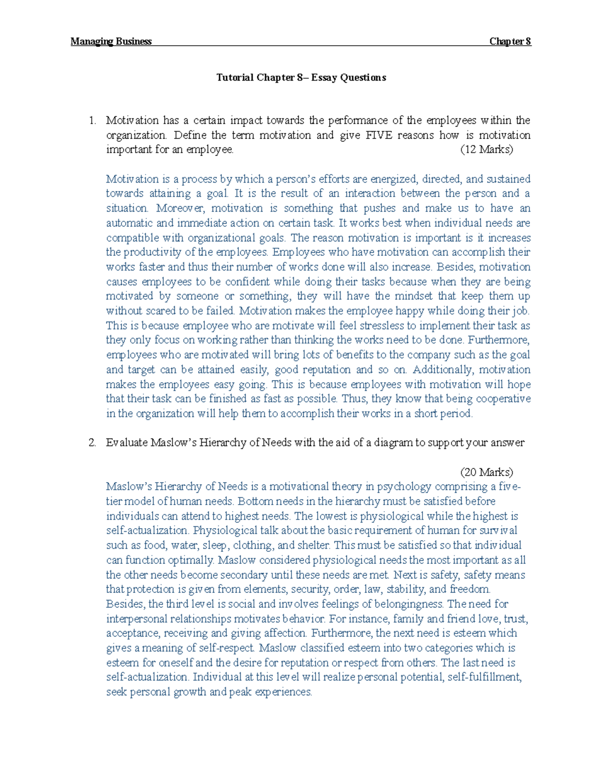 MBUS - Chapter 8 - Tutorial-6-8 Oct - Managing Business Chapter 8 Tutorial Chapter 8– Essay ...