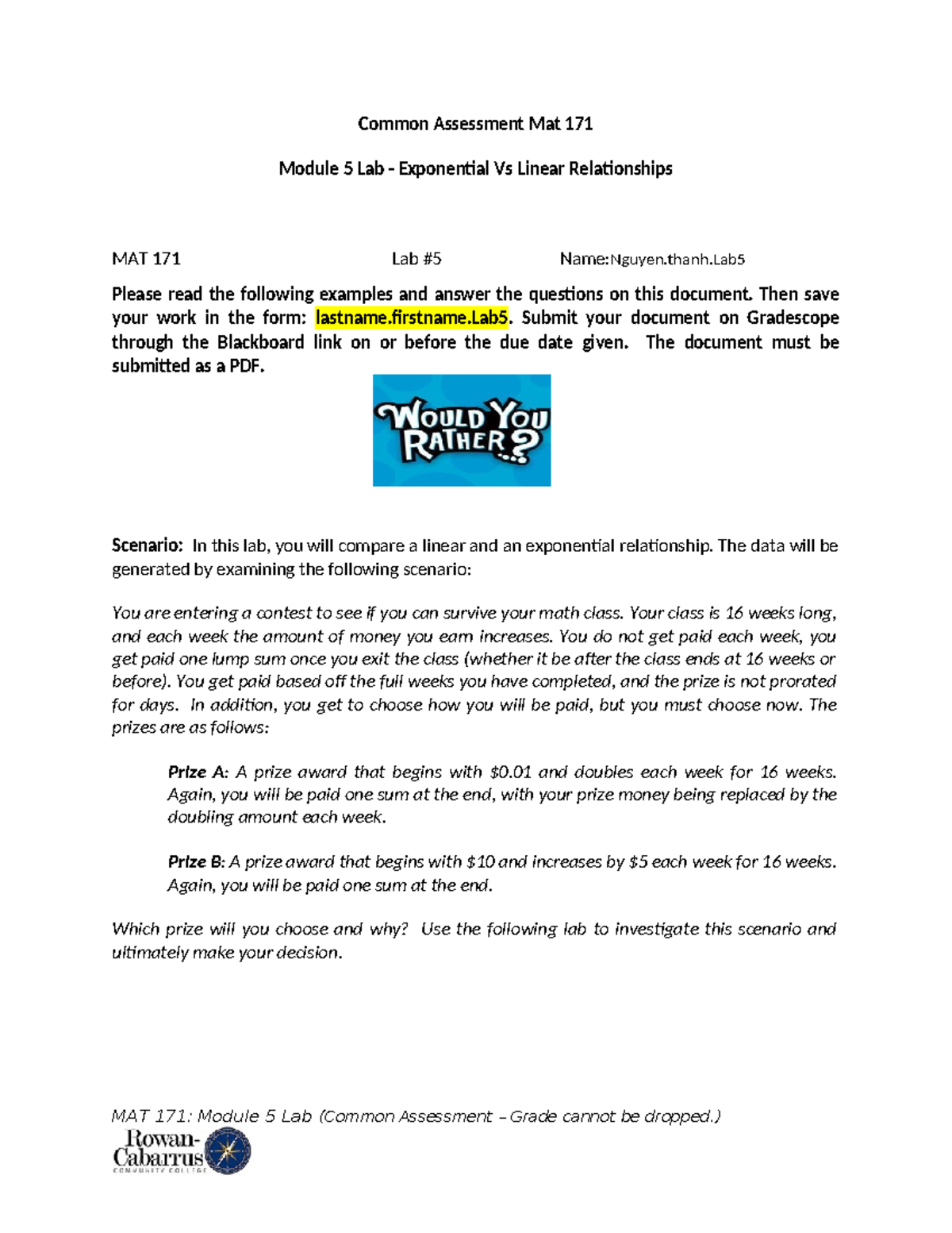 Lab 5 Common Assessment - Common Assessment Mat 171 Module 5 Lab ...