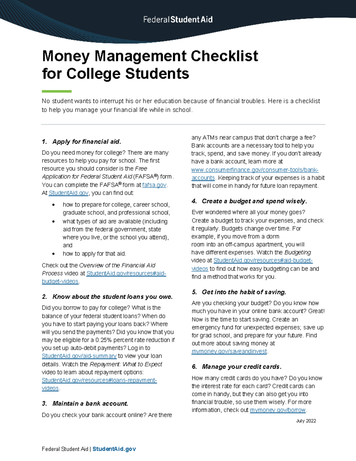 Money Management Checklist for College Students - Studocu