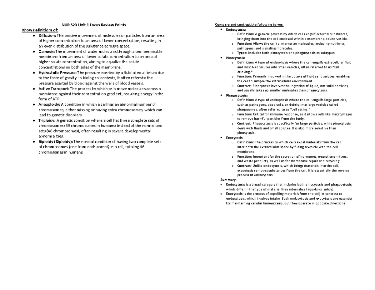 Adv. Pathophysiology Study Guide 2 - NUR 520 Unit 1 Focus Review Points ...