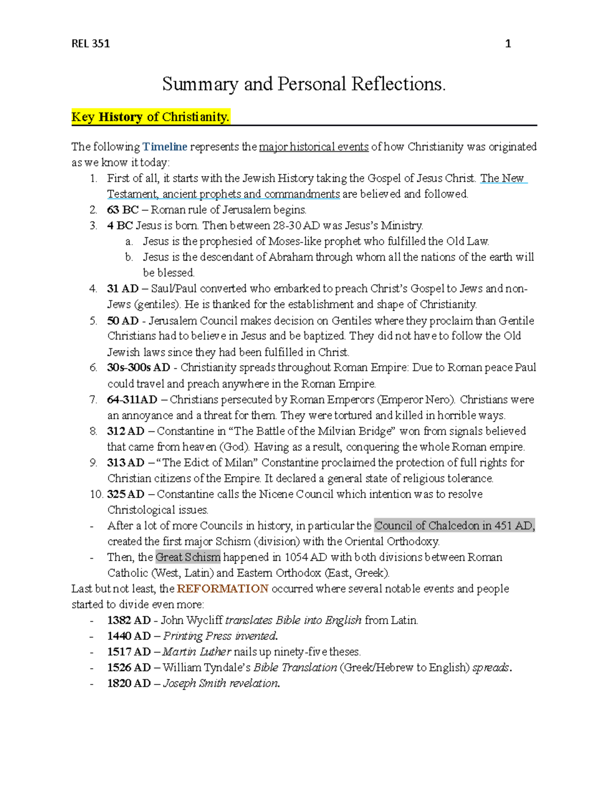 Christianity Summary and Reflection Paper - Summary and Personal ...