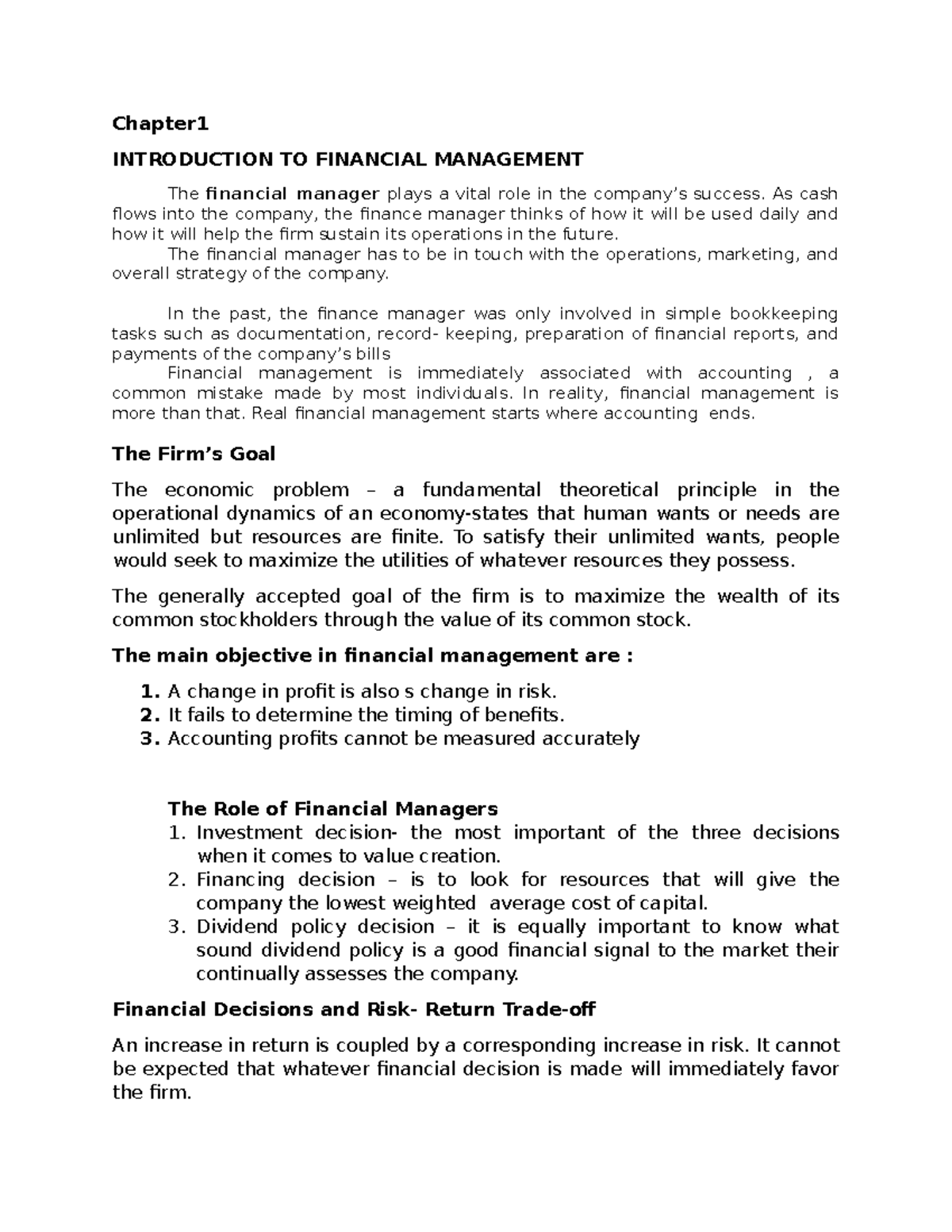 Notes to Financial Management - Chapter INTRODUCTION TO FINANCIAL ...