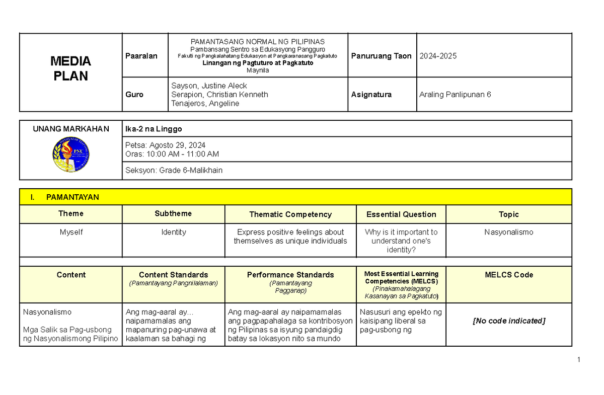 [ Sayson, Serapion, & Tenajeros]G-6 Malikhain LP Plan Nasyonalismo - MEDIA PLAN Paaralan ...