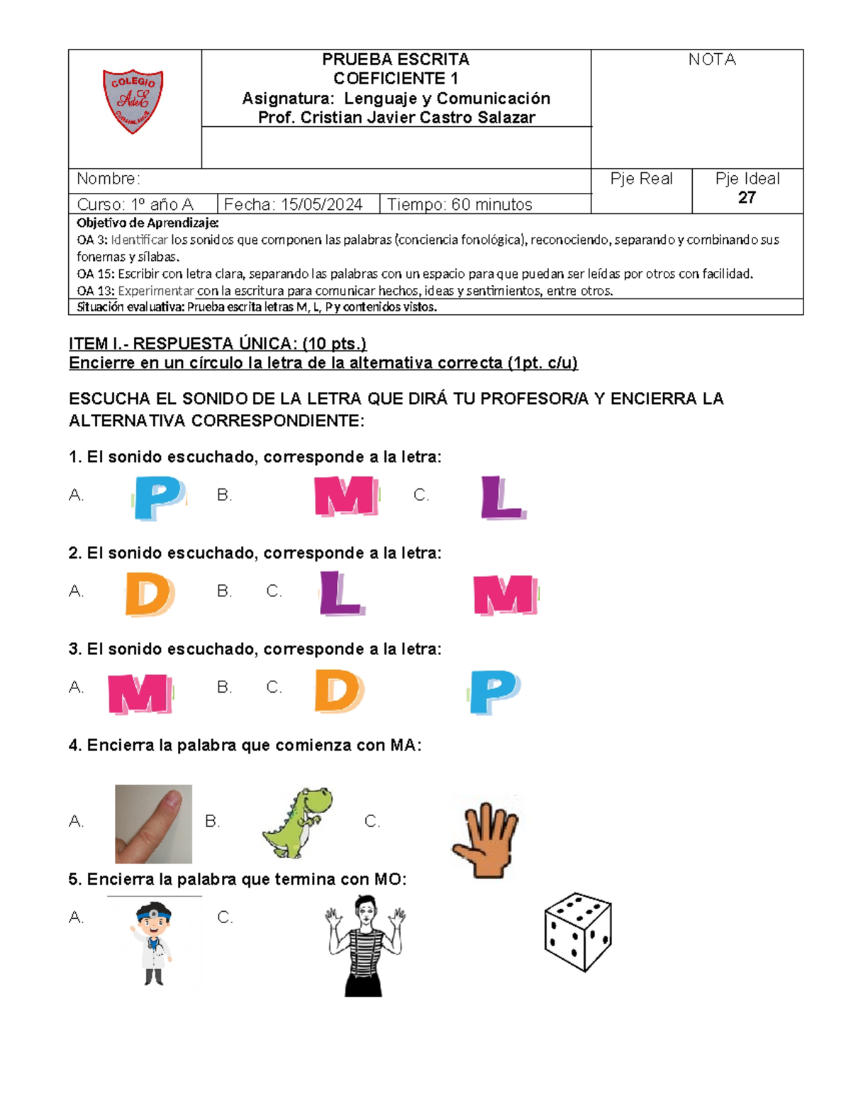 Prueba de Lenguaje Letras M, L, P. Sonidos iniciales y sonidos finales. - PRUEBA ESCRITA ...