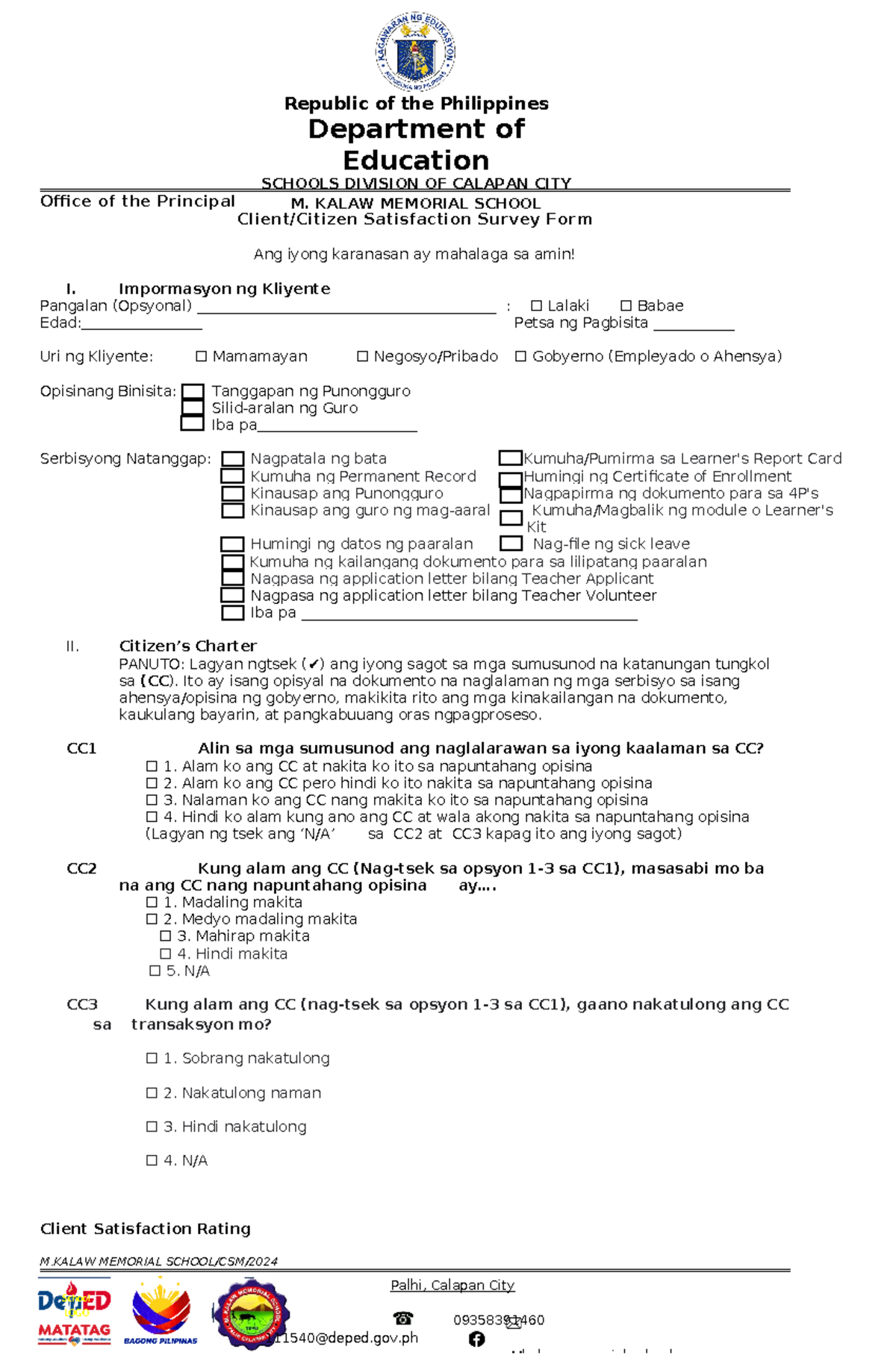 Clients Satisfaction Survey Form 1 1 2 - Republic of the Philippines ...
