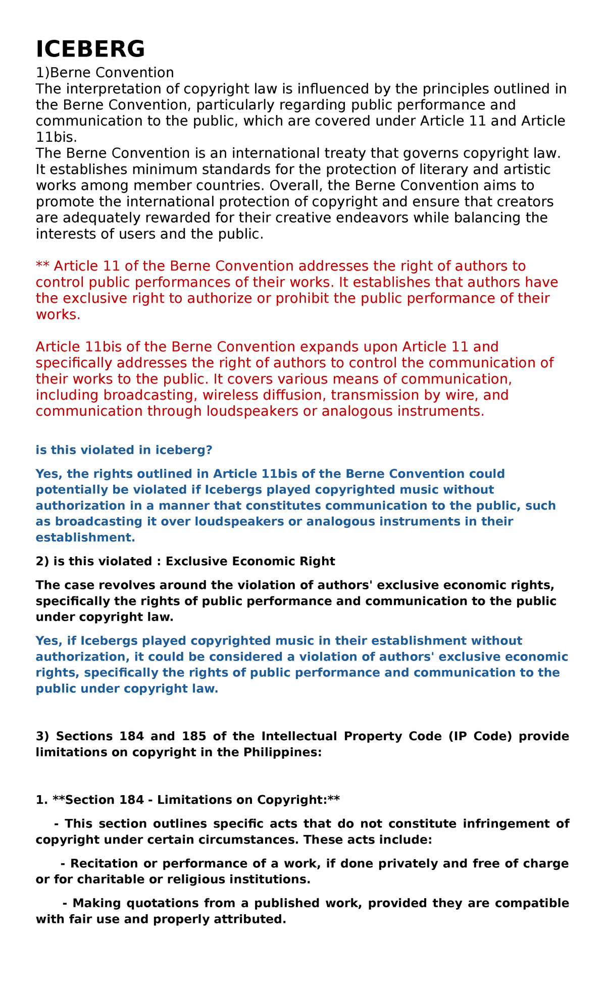 Summary OF Icebergs - COPYRIGHT - ICEBERG 1)Berne Convention The ...