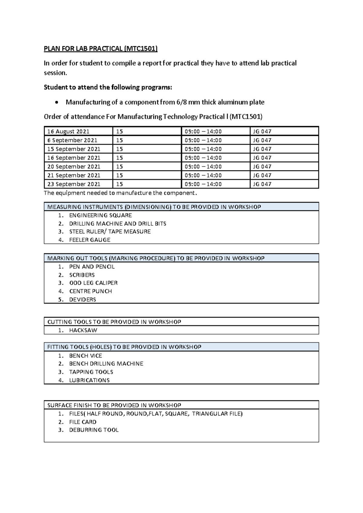 PLAN FOR LAB Practical-MTC1501 - PLAN FOR LAB PRACTICAL (MTC1501) In ...