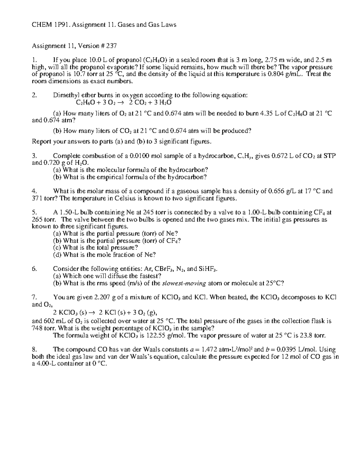 A11 - Assignment - CHEM 1P91. Assignment 11. Gases and Gas Laws ...