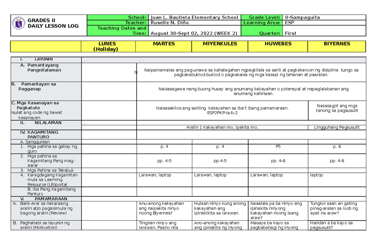 DLL Week-2 ESP - Lesson Plan - GRADES II DAILY LESSON LOG School: Juan ...