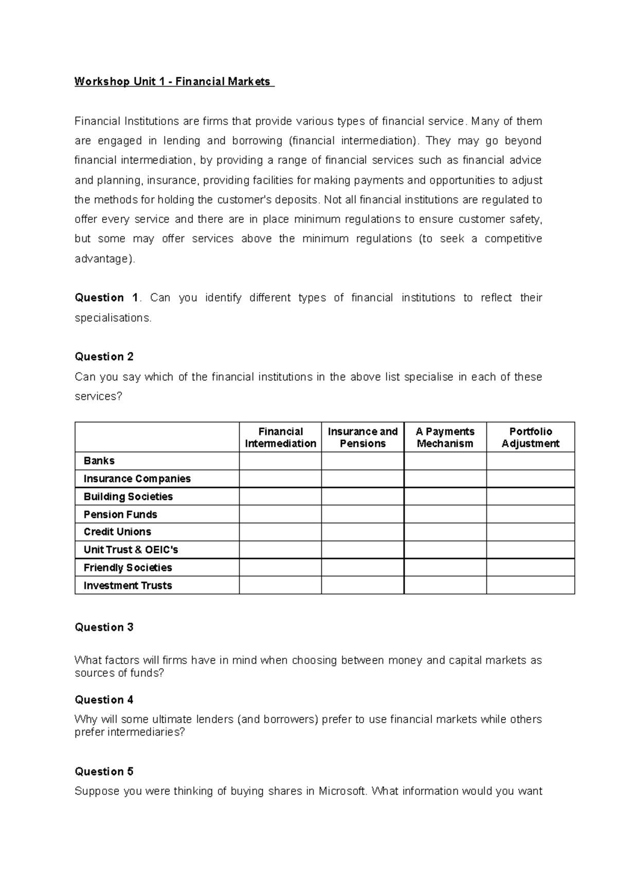 Workshop Unit 1 - Financial Markets overview - Workshop Unit 1 - Financial Markets Financial ...