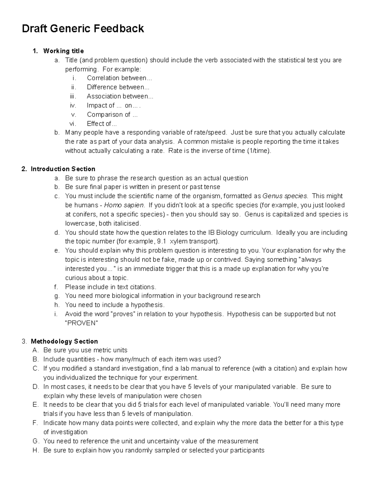 Intro and Methods Feedback - Draft Generic Feedback Working title a ...