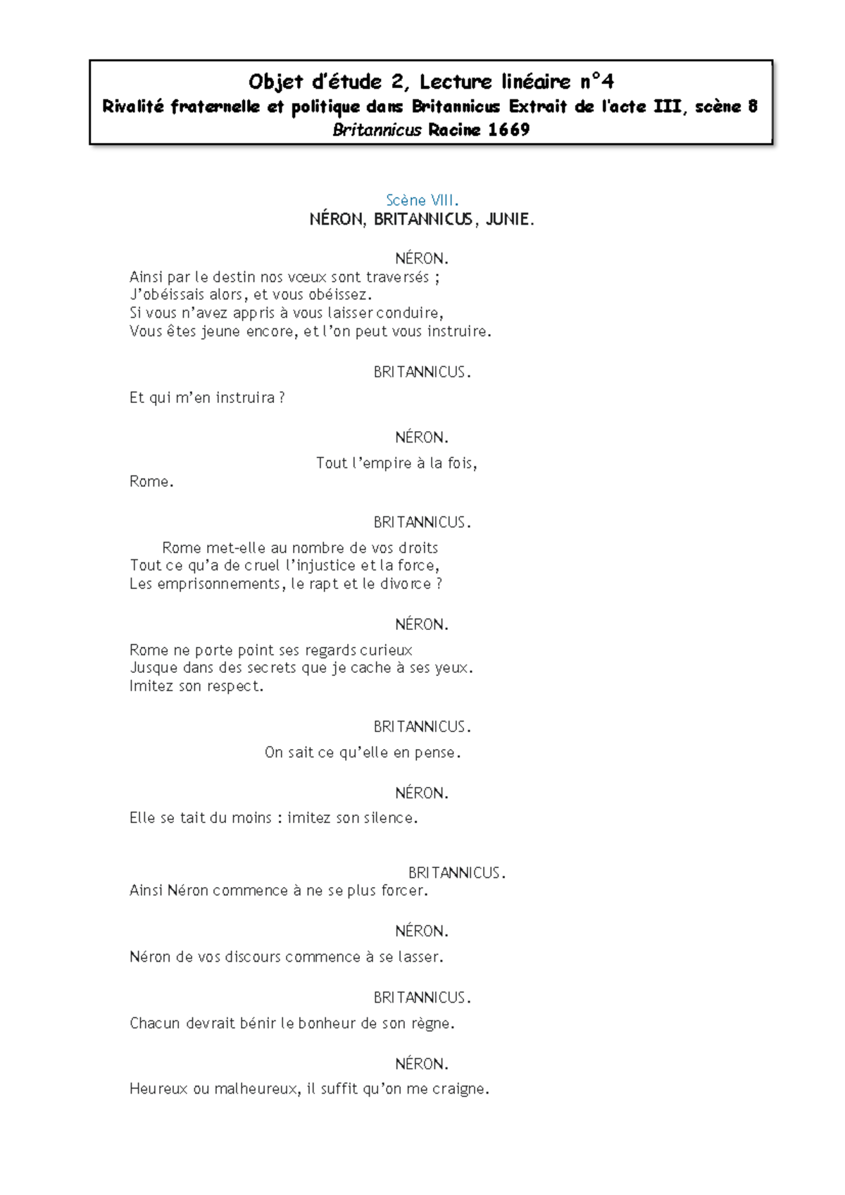 Etude.2 LL4 - lecture linéaire - Scène VIII. NÉRON, BRITANNICUS, JUNIE ...