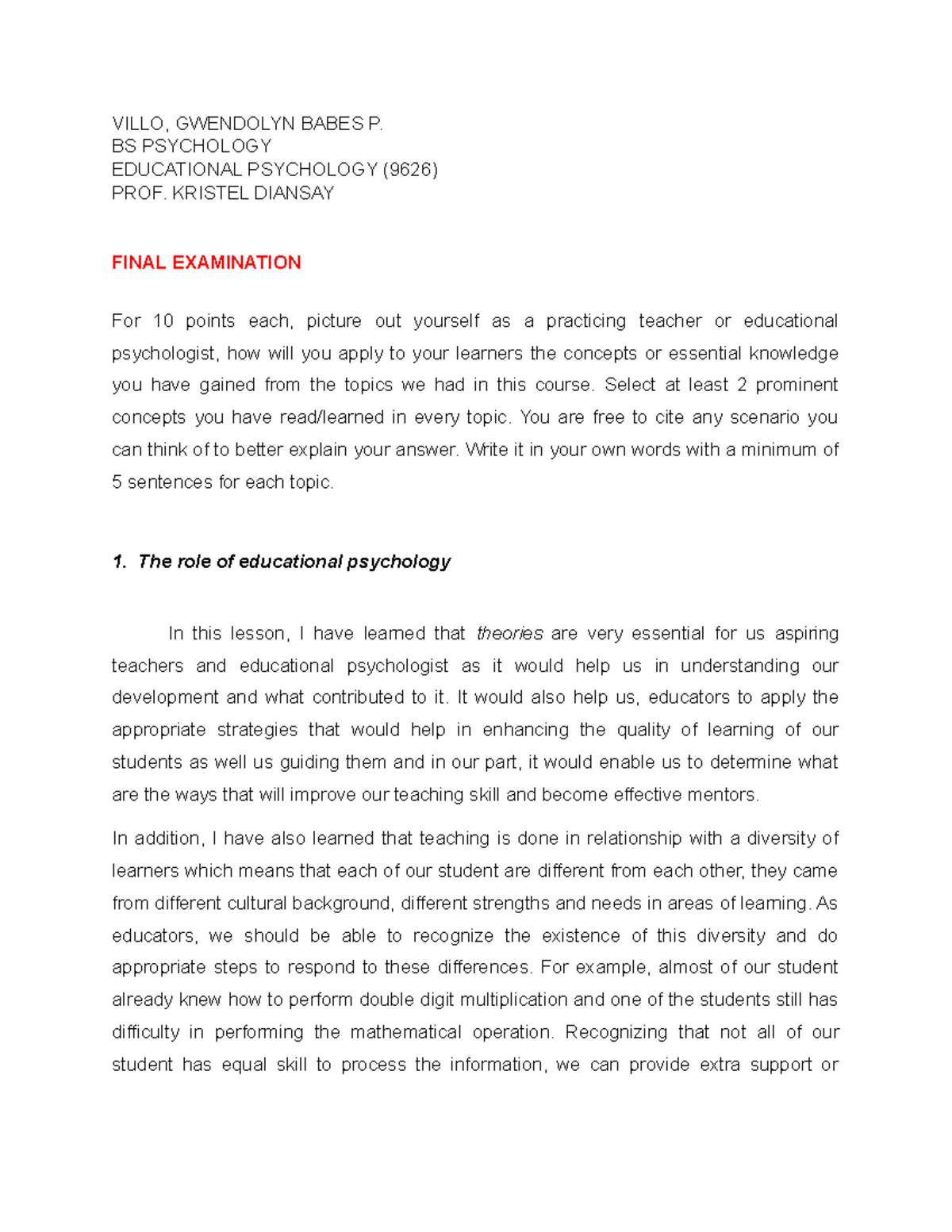 Final EXAM EDUC PSY - Practical application - VILLO, GWENDOLYN BABES P ...