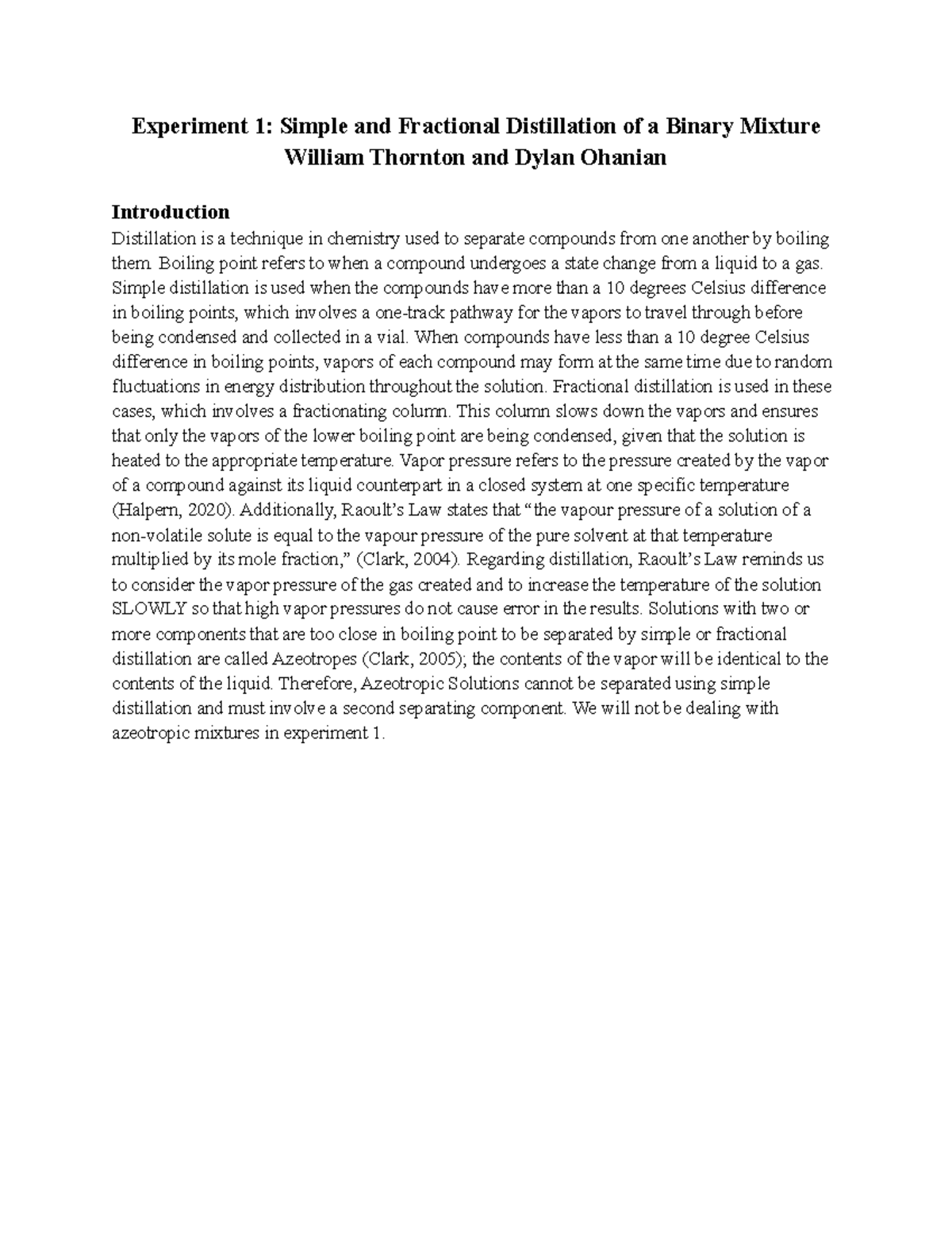 Experiment 1 Simple And Fractional Distillation Of A Binary Mixture Boiling Point Refers To