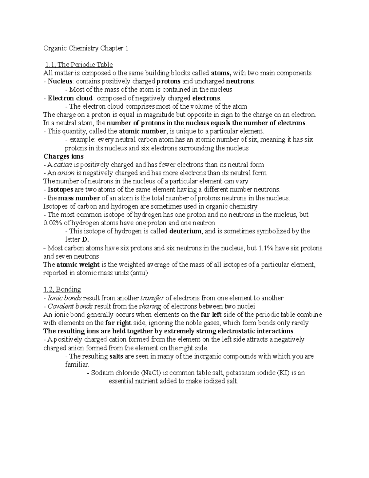 Organic Chemistry Chapter 1 - Most of the mass of the atom is contained ...