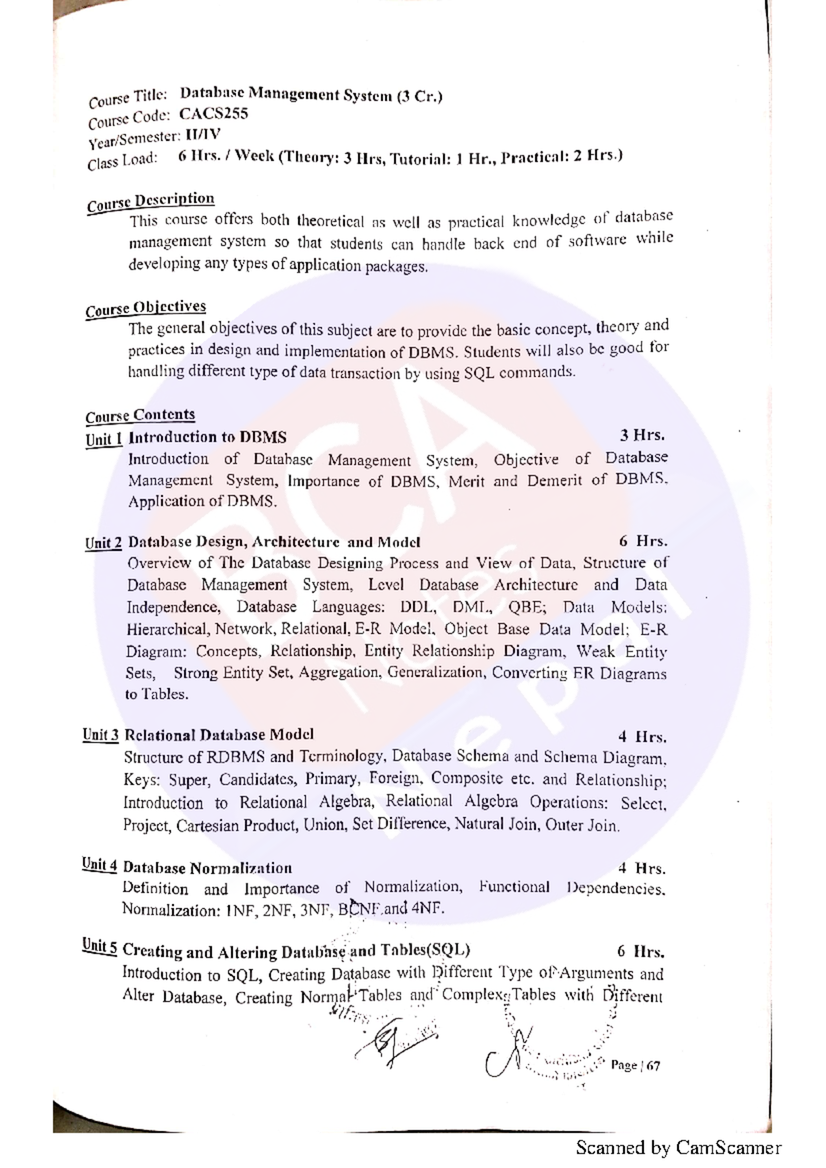 Database Management System Bachelors Of Computer Application Tu