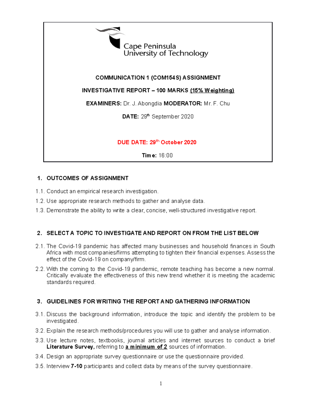 Report Writing Assignment 2020 - COMMUNICATION 1 (COM154S) ASSIGNMENT ...