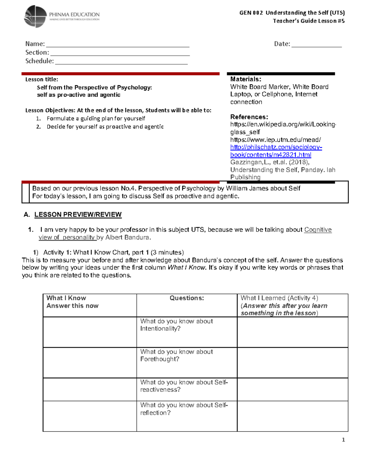 GEN 002 MODULE 5 - Teacher’s Guide Lesson # Name