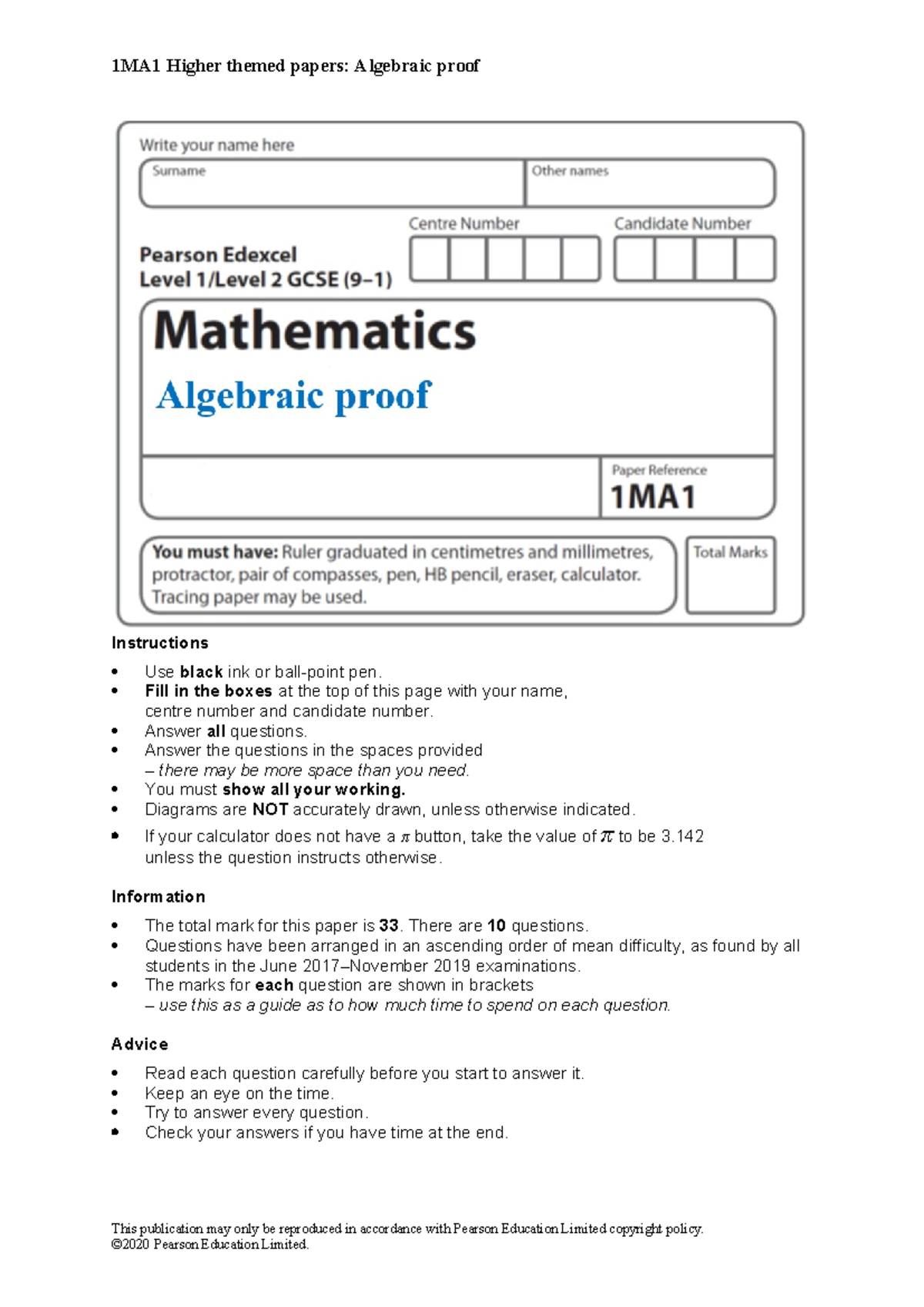 02a Algebraic Proof H Question Paper - Instructions Use black ink or ...
