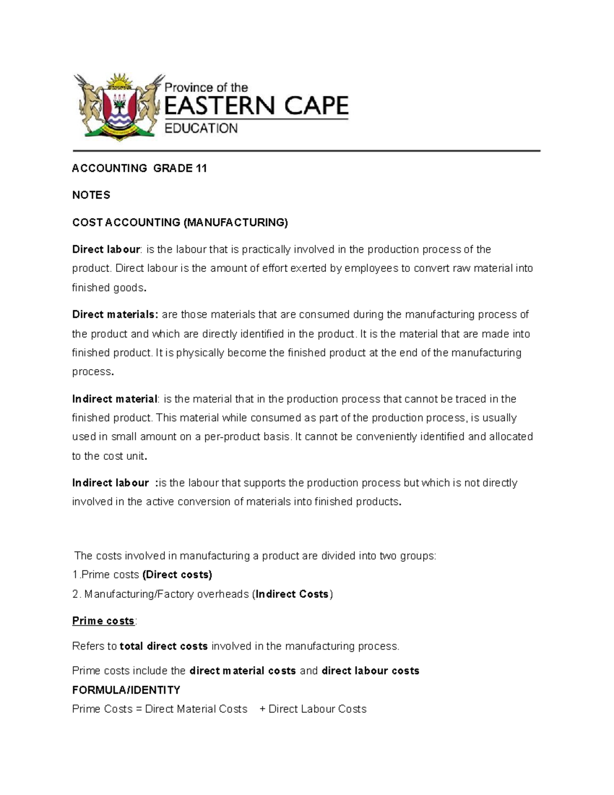 Accounting Grade 11 Manufacturing Notes - ACCOUNTING GRADE 11 NOTES ...