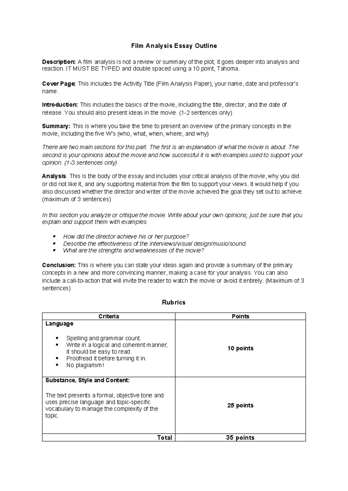 Film Analysis Essay Outline - Film Analysis Essay Outline Description ...