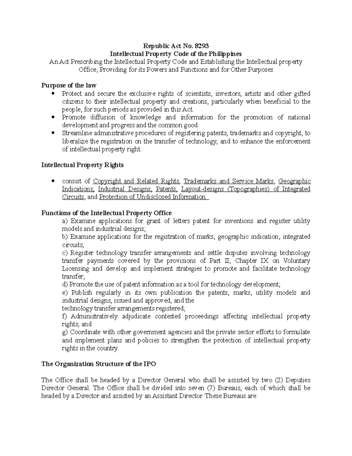 Intellectual-Summary - Republic Act No. 8293 Intellectual Property Code ...