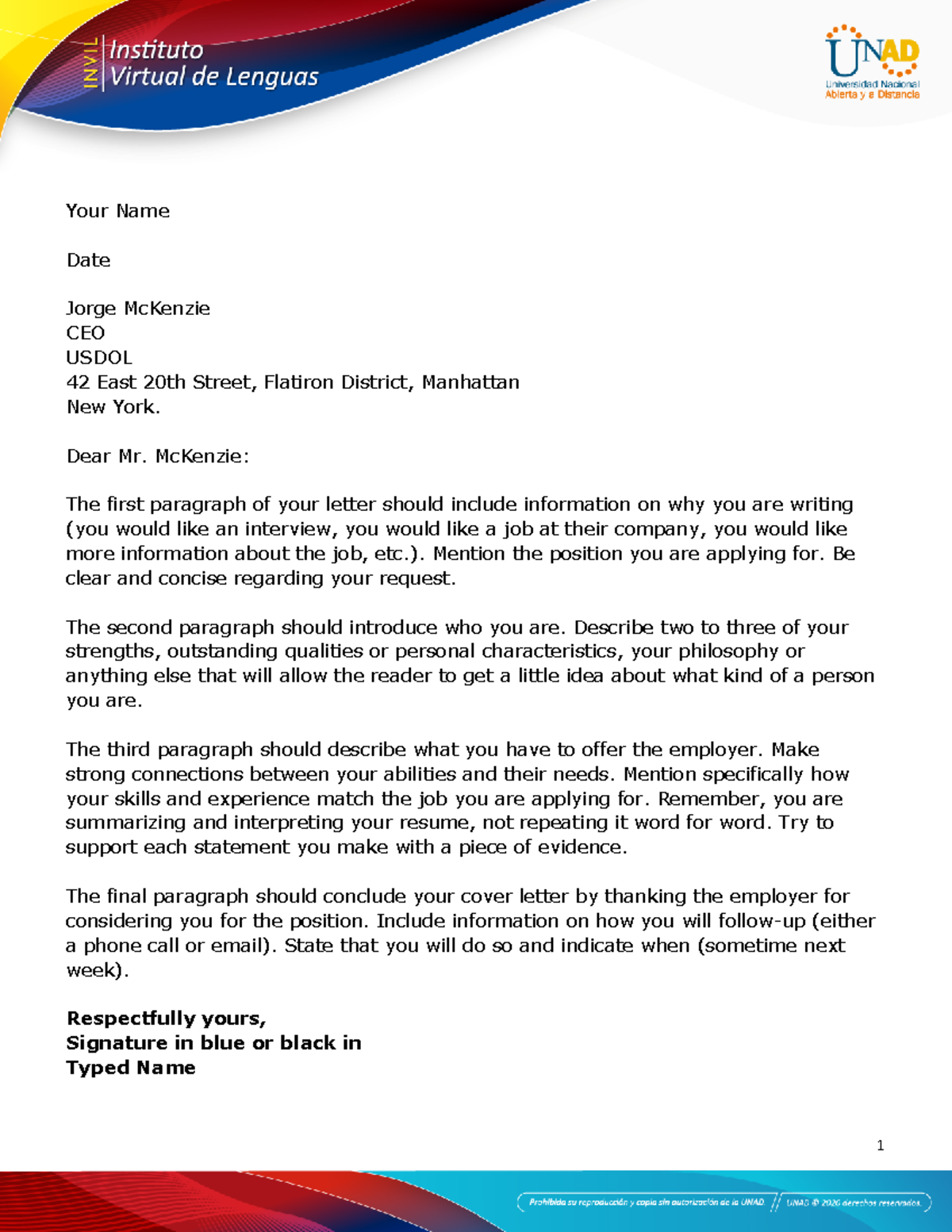 Annex 2- Introductory letter model - 1 Your Name Date Jorge McKenzie ...