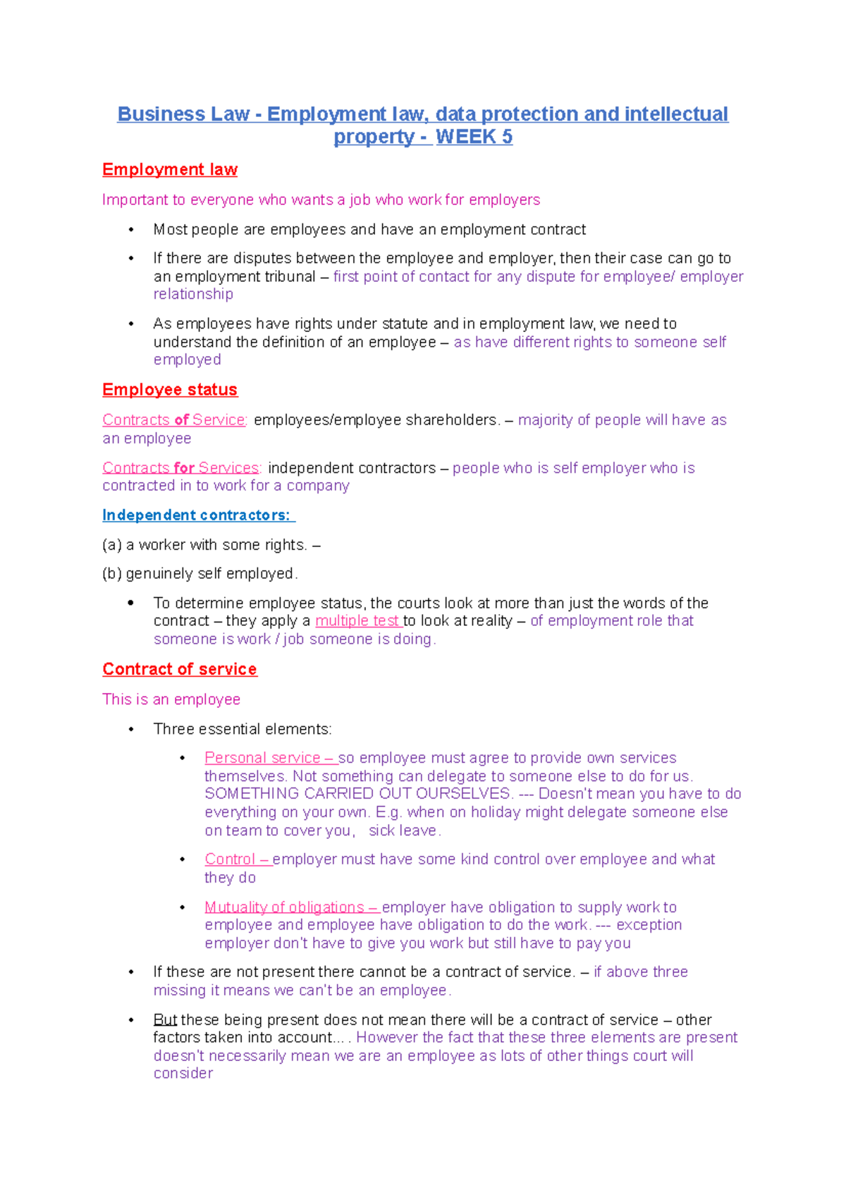 Business Law - week 5 notes - Business Law - Employment law, data ...