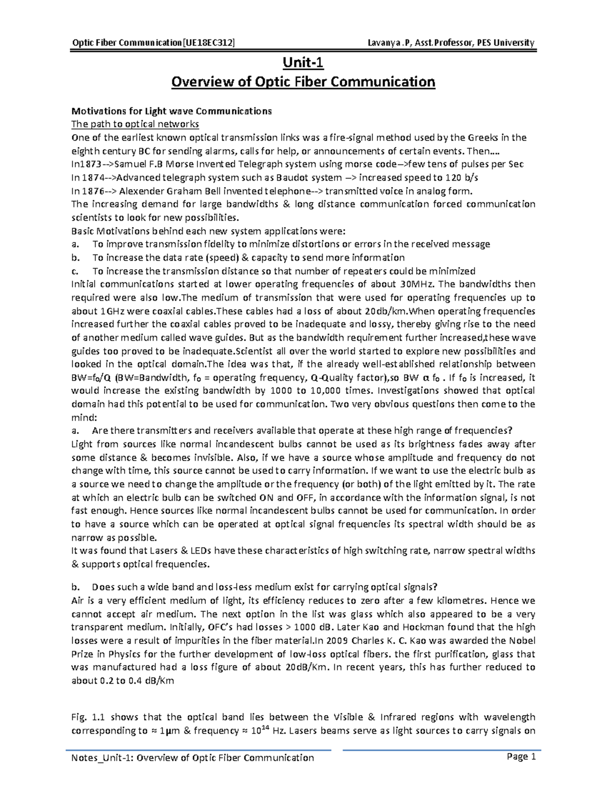 Overview of Optic Fiber Communication - OFC Unit 1 notes - Prof ...