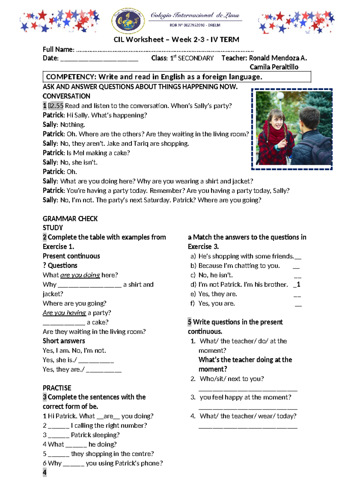 W2-2 Ask answer questions actions now - CIL Worksheet – Week 2-3 - IV ...